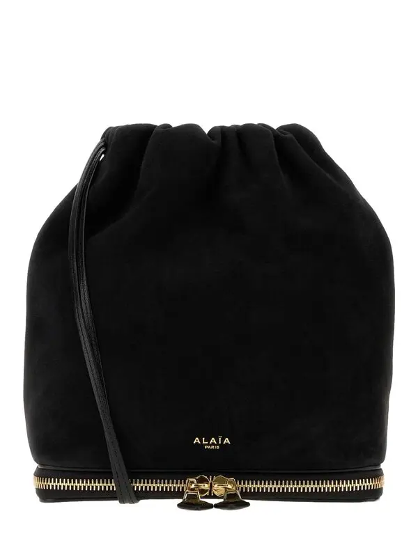 Alaïa Suede Bucket Handbag With Golden Metal Finish, 20cm X 23cm X 9cm, 33cm Shoulder Strap - Black
