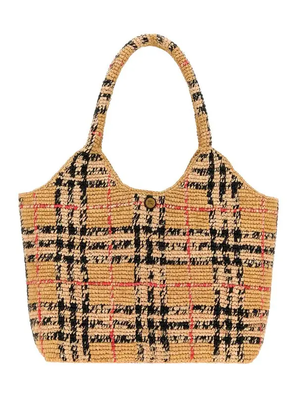 Burberry Embroidered Raffia Mini Margrate Shopping Handbag - Checked