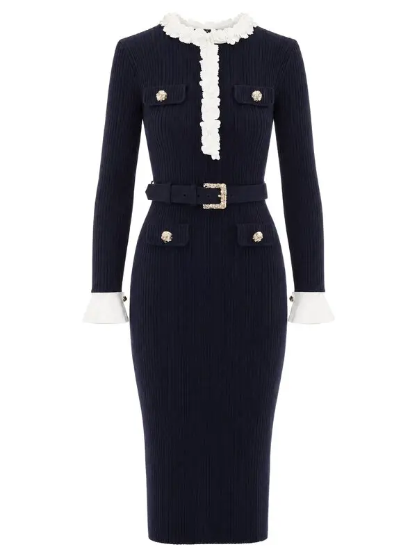 SELF-PORTRAIT Floral Trim Ribbed Knit Midi Dress - Navy