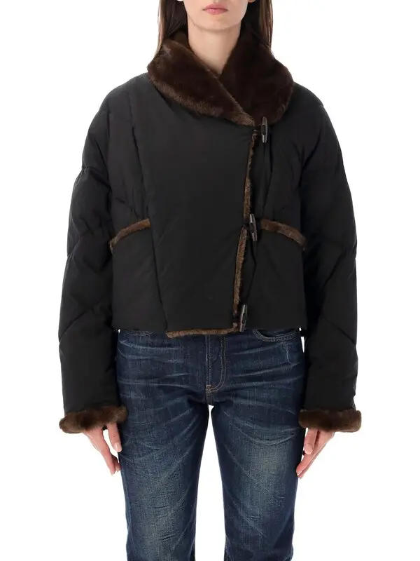 URBANCODE Cropped Puffer Jacket With Faux Fur Trim - Nero