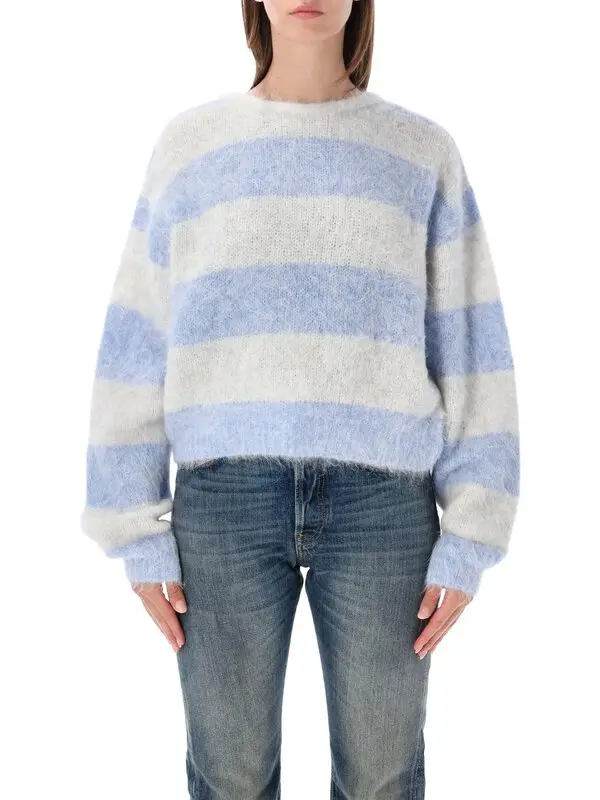 American Vintage Niby Mini Cropped Fluffy Knit Sweater With Crew Neck - White Light Blue