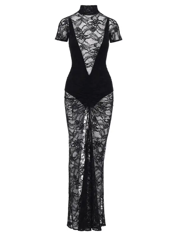 Andamane Sheer Lace High-neck Maxi Dress - Black