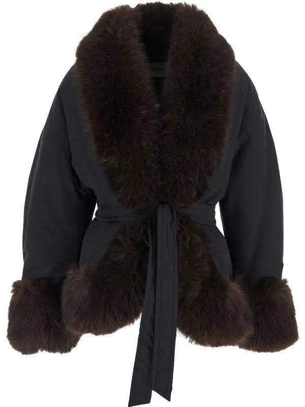 Andamane Brina Faux Fur Tech Fabric Jacket With High Collar And Side Pockets - Black