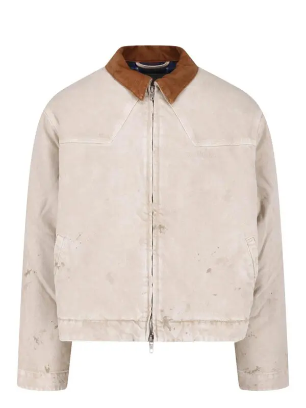 Balenciaga Distressed Zip Front Jacket With Corduroy Collar - Beige