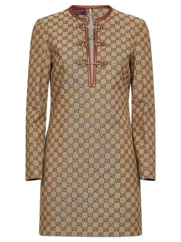 Gucci Camel And Dark Brown Gg Canvas Mini Dress With Horsebit - Multicolor