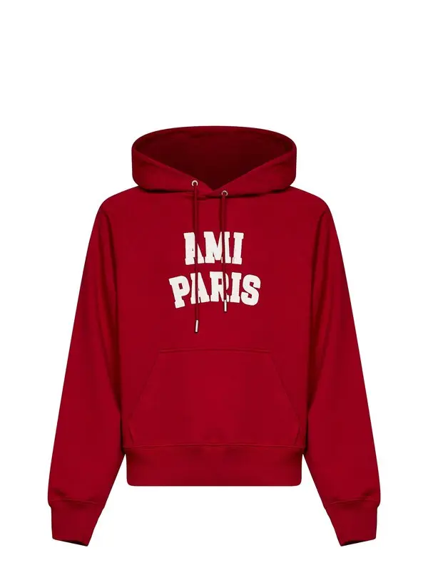 AMI Paris Red Loopback Cotton Hoodie With Embroidery - Multicolor