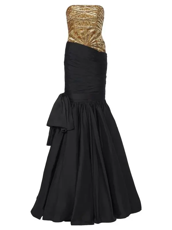 LA FUORI Là Fuori Gilded Geo Draped Sequined Bustier Gown - Black