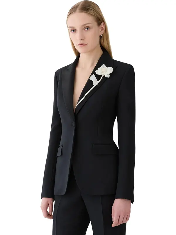 Lafayette 148 New York Floral Wool-silk Crepe Embellished Blazer - Black