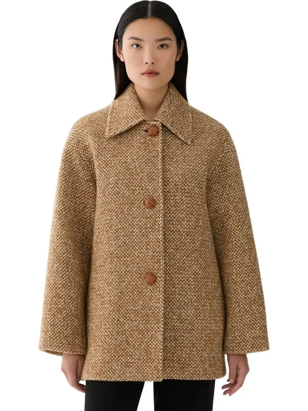 Lafayette 148 New York Herringbone Wool Cashmere Swing Coat - Camel Multi