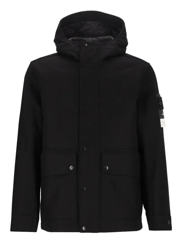 Stone Island Cloth Hooded Coat - Black