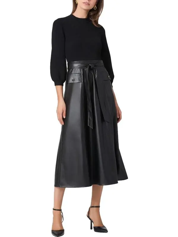 Shoshanna Leather Knit Mixed Media Aspen Dress - Jet
