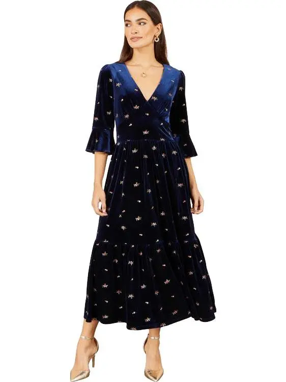 YUMI Velvet Embroidered V-neck Midi Dress - Navy