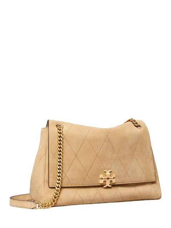 Tory Burch Charlie Quilted Suede Shoulder Bag - Stone