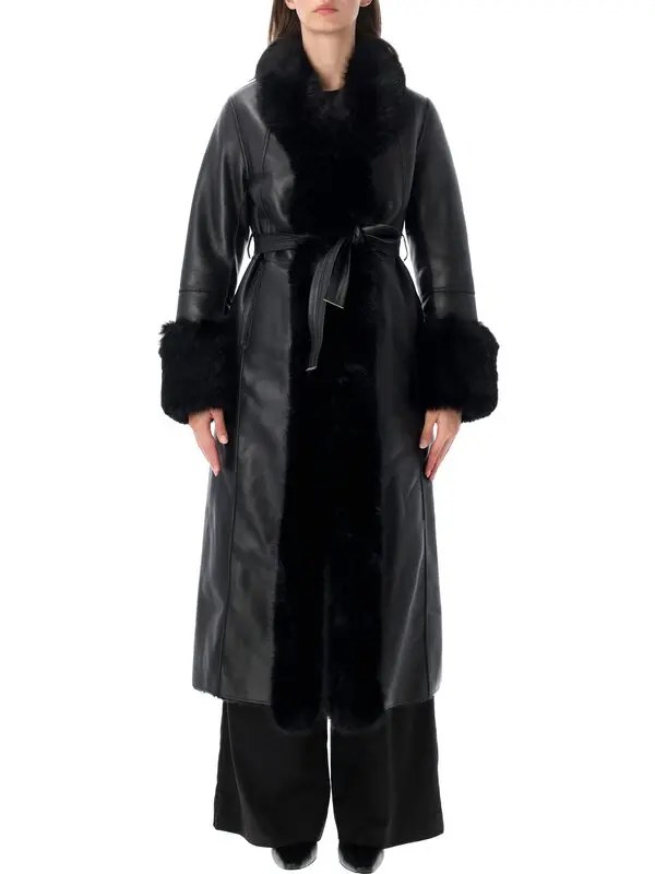 URBANCODE Faux Leather Faux Fur Trim Belted Long Coat - Nero