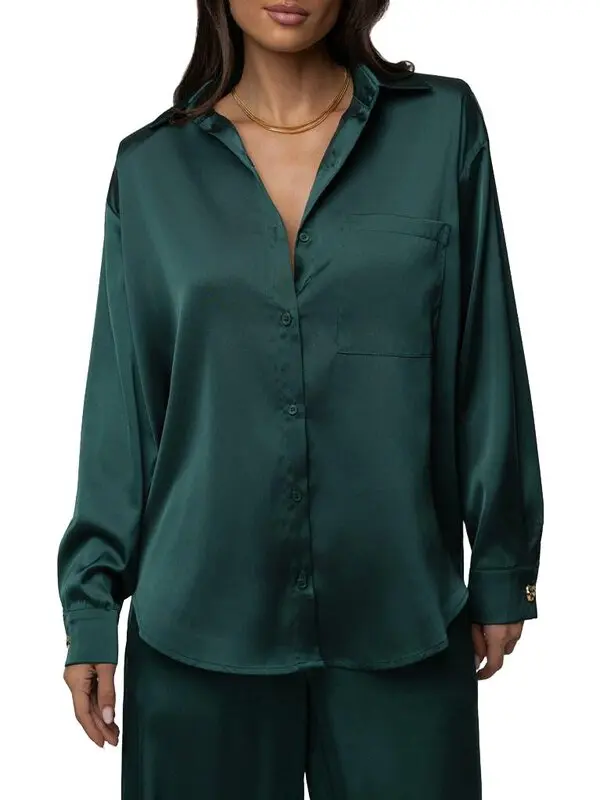 JLUXLABEL Island Ease Collared Satin Top - Emerald
