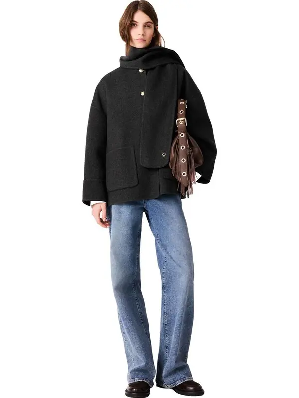 Maje Coat With Removable Scarf - Grey