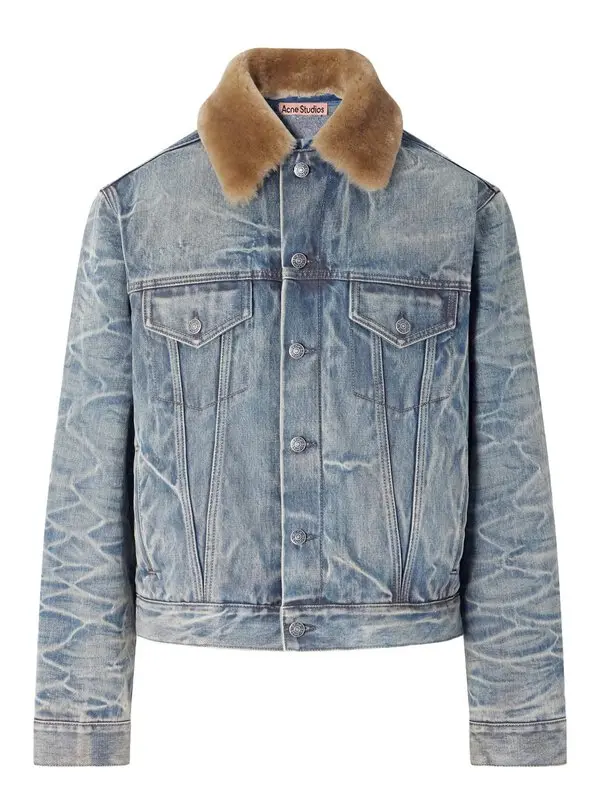 Acne Studios Distressed Plush-trimmed Denim Jacket - Blue