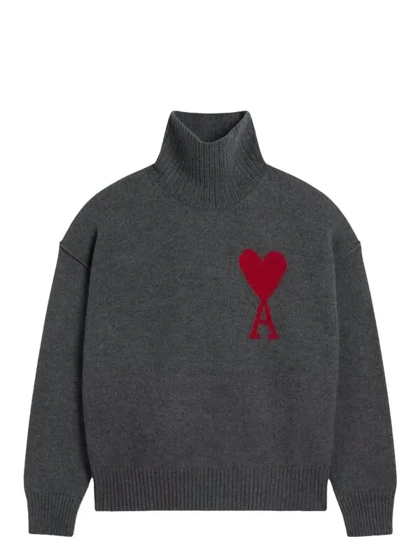 AMI Paris Funell Neck Wool Sweater With De Coeur - Grey
