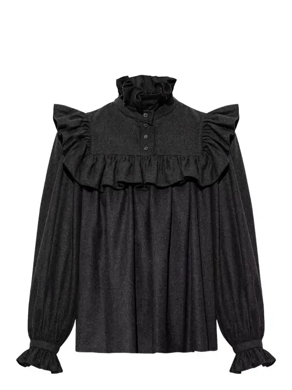 Chloé High-neck Ruffled Top In Wool & Cashmere Flannel - Grey
