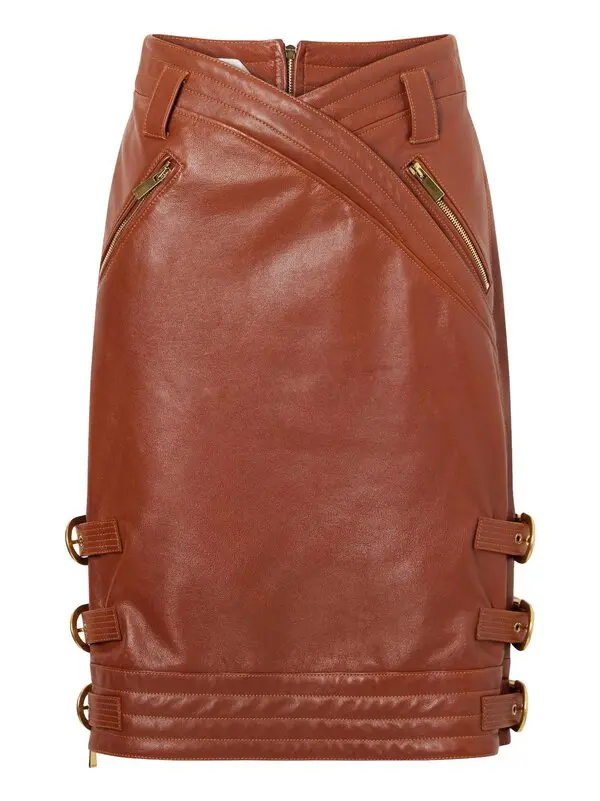 Versace Wrap-effect Buckle-detailed Leather Knee-length Skirt - Brown