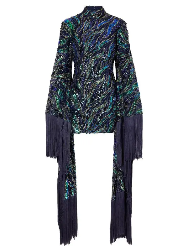 TALLER MARMO Disco Dragon Sequin-embellished Fringe-trimmed Mesh Mini Dress - Multi