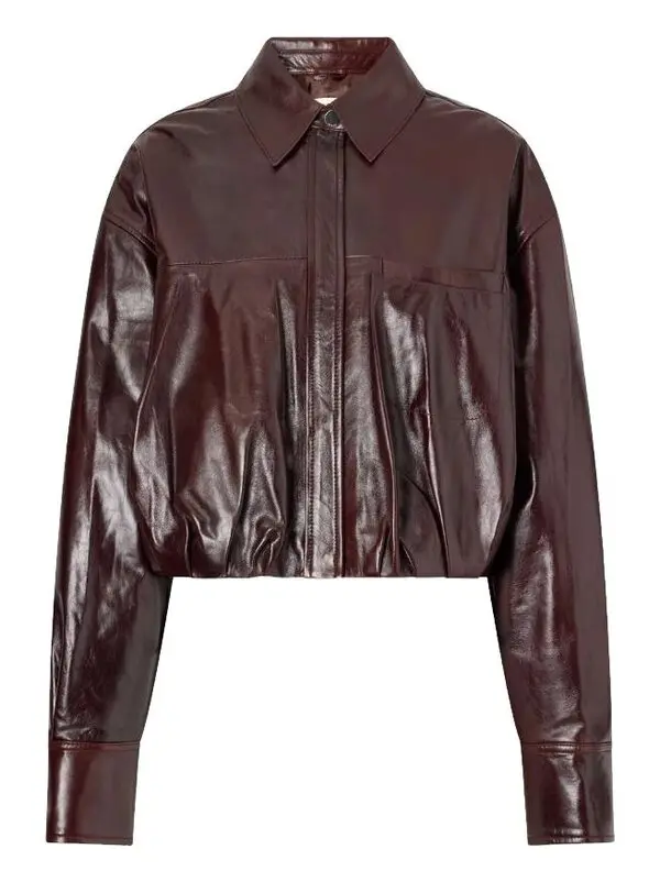 Sportmax Liuti Cropped Gathered Leather Biker Jacket - Brown