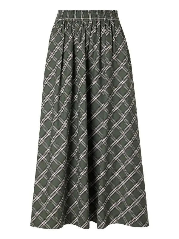 SKALL STUDIO Dagny Gathered Checked Organic Cotton-poplin Midi Skirt - Green