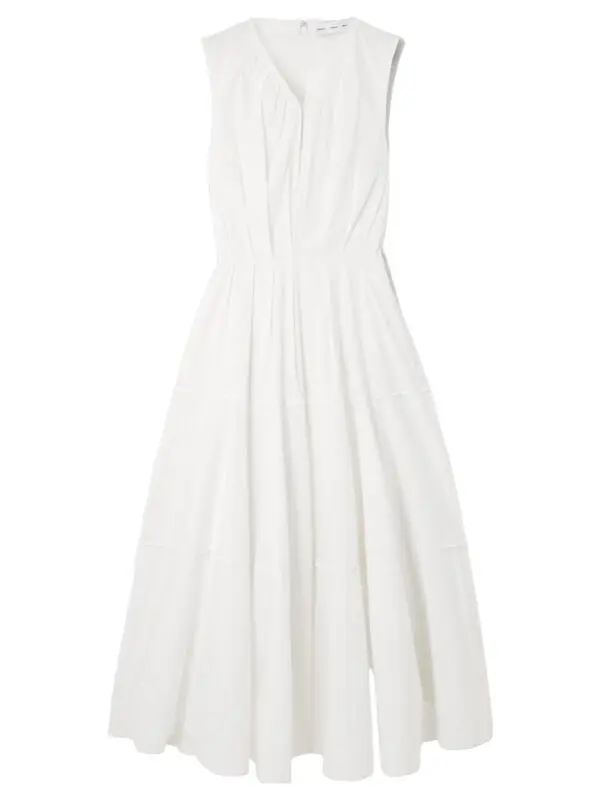 Proenza Schouler Pleated V-neck Waist-cinching Dress - White