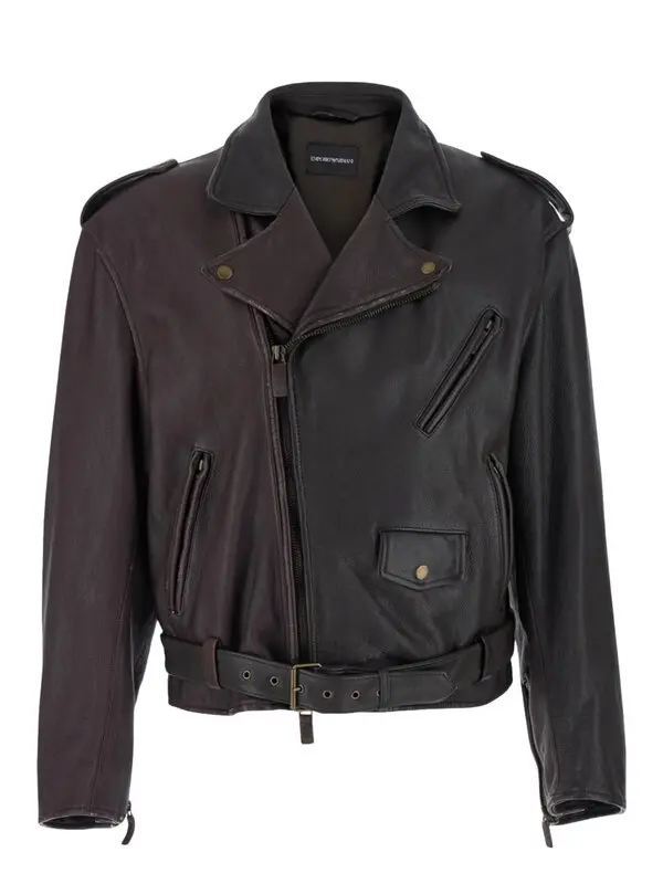 Emporio Armani Zip-up Leather Biker Jacket - Bordeaux
