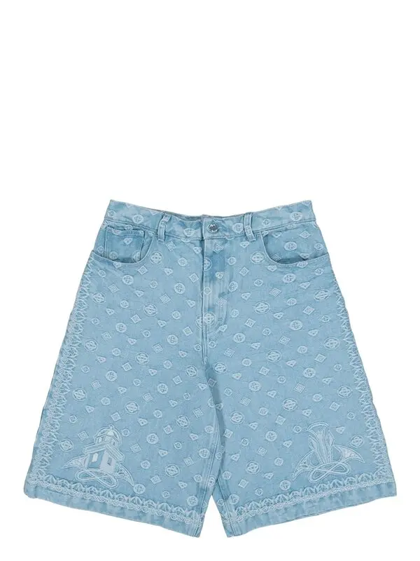 Casablanca Monogram Embroidered Denim Shorts - Light Blue