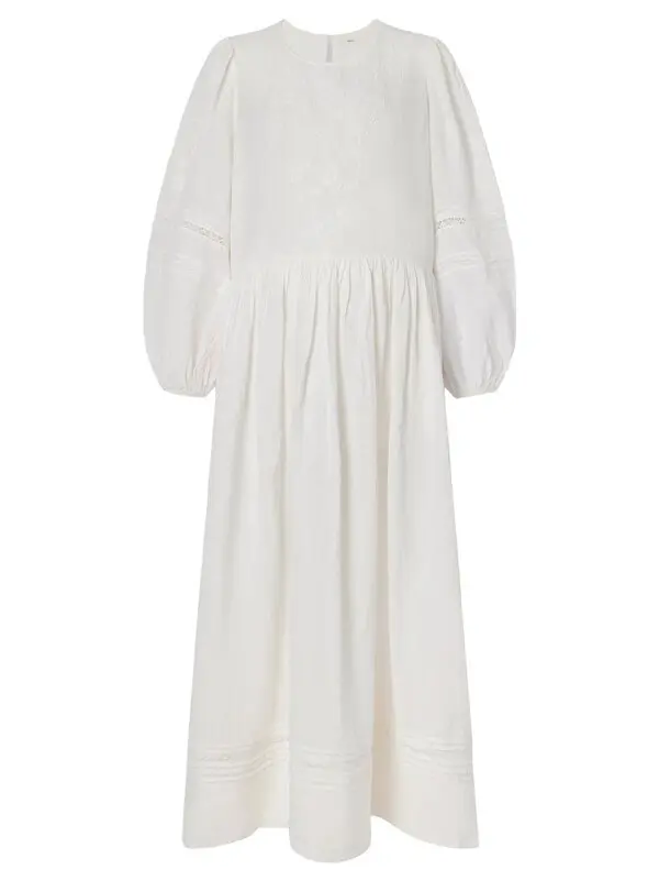 SKALL STUDIO Velina Gathered Floral-embroidered Lace-trimmed Linen Midi Dress - Neutrals