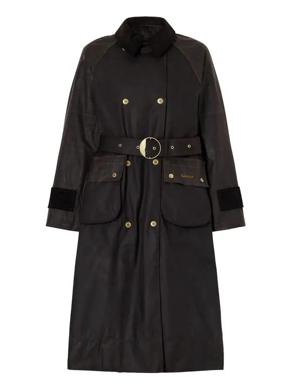 Barbour Elva Double-breasted Belted Corduroy-trimmed Waxed Cotton-canvas Coat - Brown