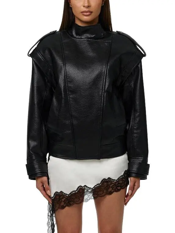 Naked Wardrobe Faux Leather Bomber Jacket - Black
