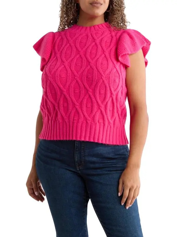 SUGARLIPS Flutter Sleeve Cable Knit Sweater - Fuchsia