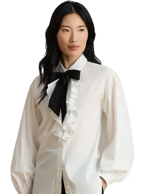 Ralph Lauren Ruffle-trim Broadcloth Tie-neck Shirt - White