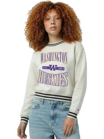 Champion Washington Huskies Yarn Dye Rib Reverse Weave Crew Sweatshirt - White