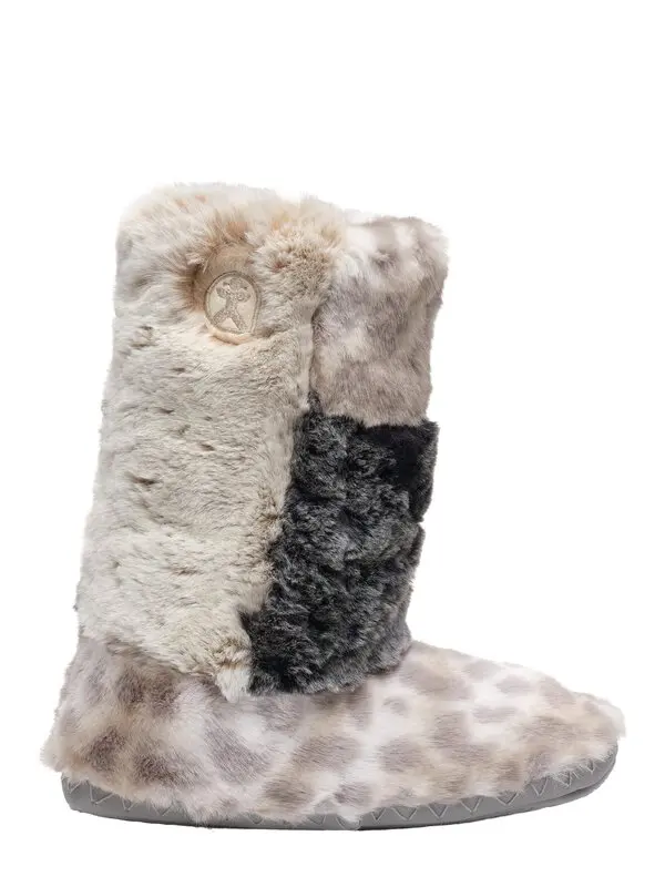 BEDROOM ATHLETICS Florence Tall Luxury Faux Fur Slipper Boot Patchwork Leopard - Grey