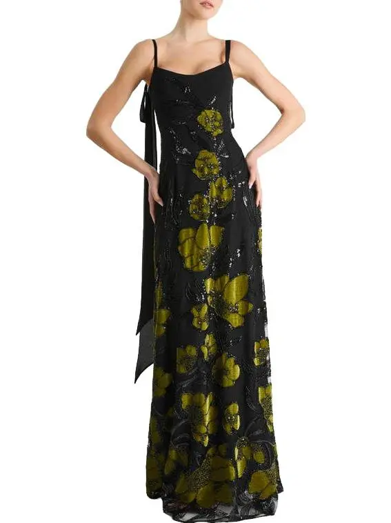 HELSI Dana Sequin Floral Scarf Detail Gown - Black/olive