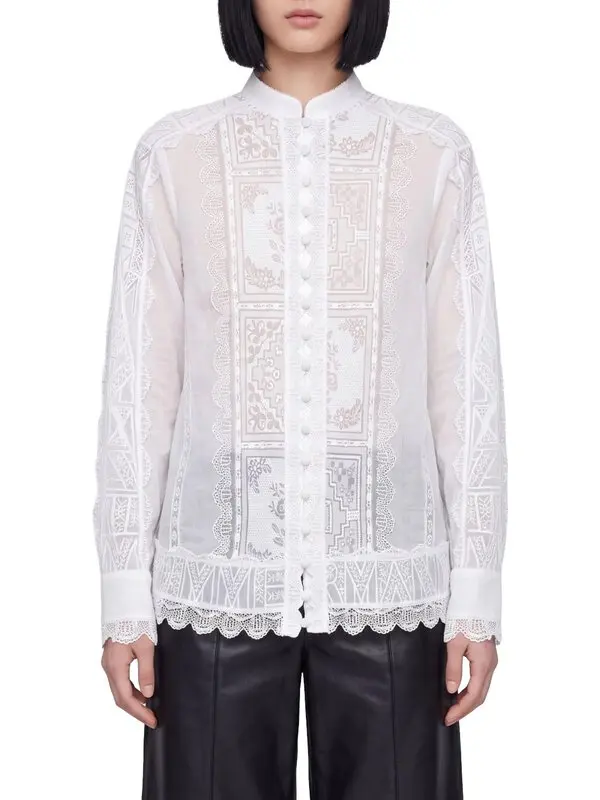 Zimmermann Aster Ramie Shirt With Lace Details And Mandarin Collar - Ivory