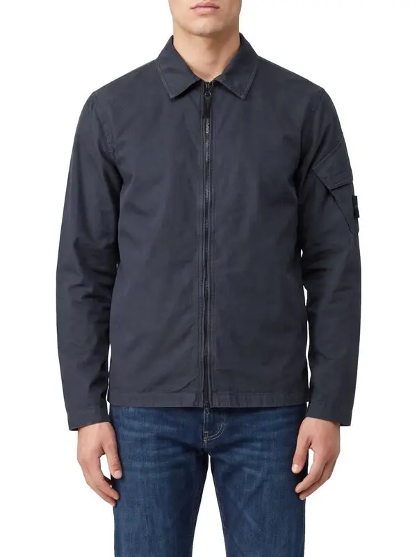 Stone Island Cotton Shirt Jacket With Zip Closure And Compass Logo - Navy