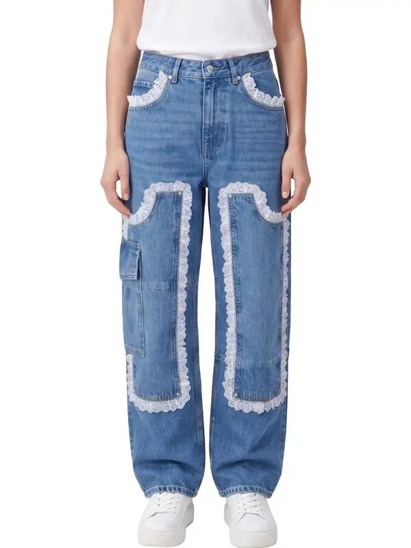 GANNI High-waisted Wide-leg Denim Jeans With Embroidered Lace Inserts - Blue