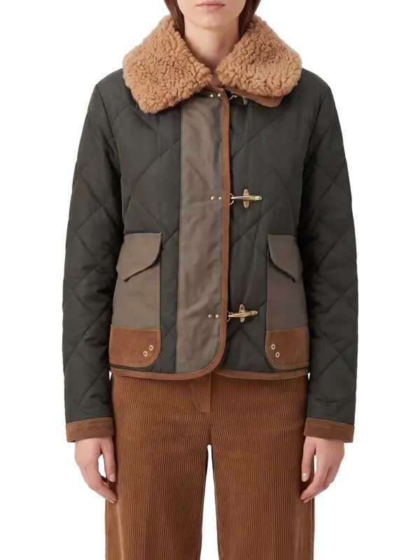 FAY Quilted Polyester Short Jacket With Toggles And Fur Collar - Green