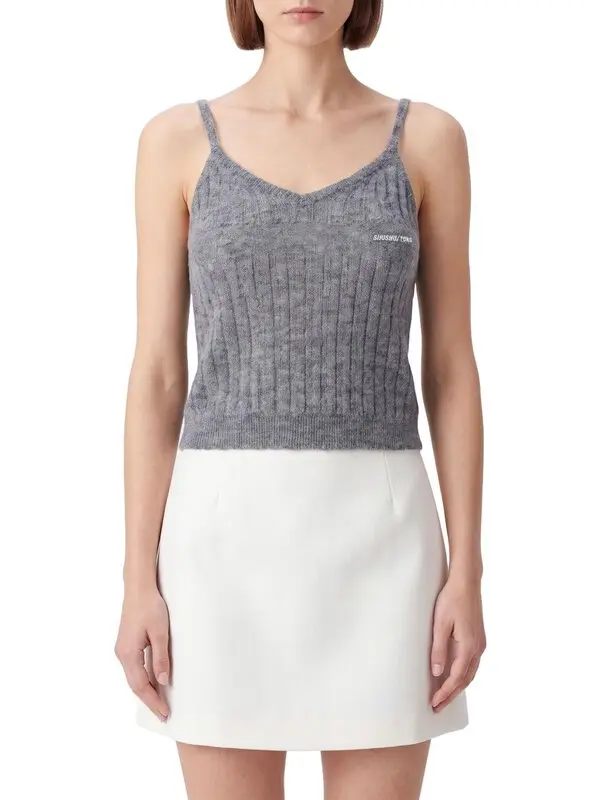 SHUSHU/TONG Ribbed Knit Off-shoulder Slim Fit Top With V-neck - Grey