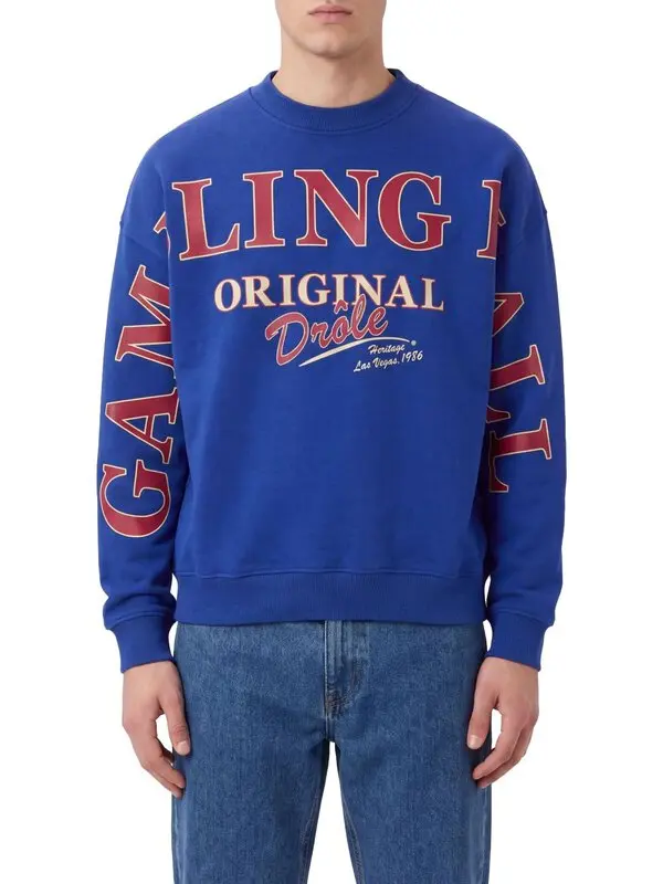 Drole De Monsieur Relaxed Fit Cotton Crewneck Jumper With Slogan Print - Blue