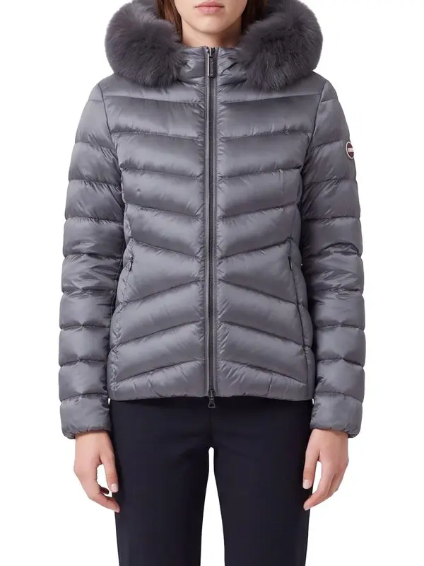COLMAR Short Quilted Nylon Down Jacket With Shearling Hood - Silver