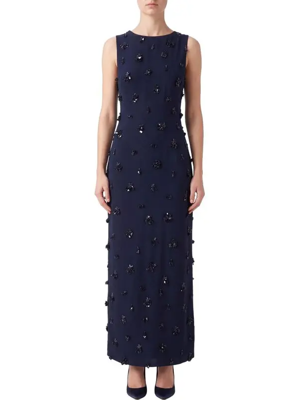 Simkhai Beaded Jersey Long Evening Gown With Padded Off-the-shoulder Design - Blue