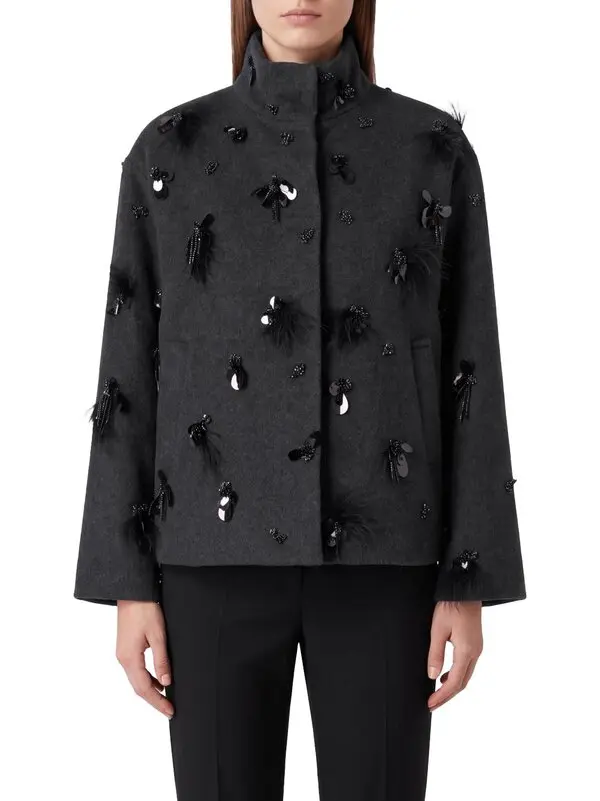 Simkhai Single-breasted Short Coat With Feathers And Sequins In Wool Blend - Grey