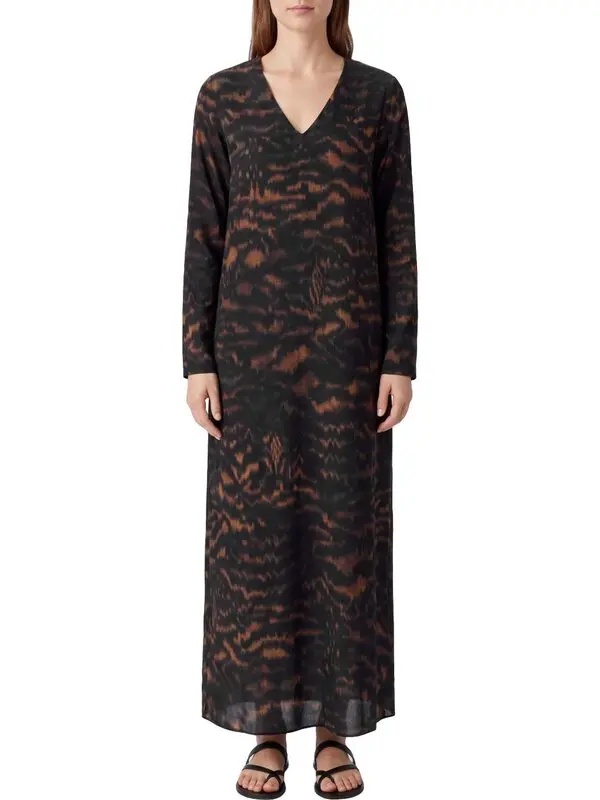Momoni Aoife Animal Print V-neck Long Tunic In Stretch Silk - Black