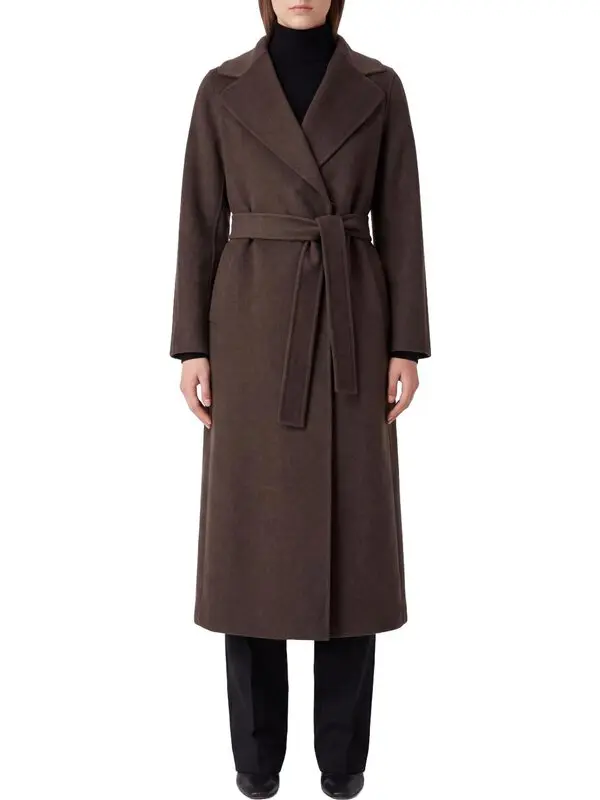 Max Mara Long Wool And Yak Coat With Tie Belt - Brown