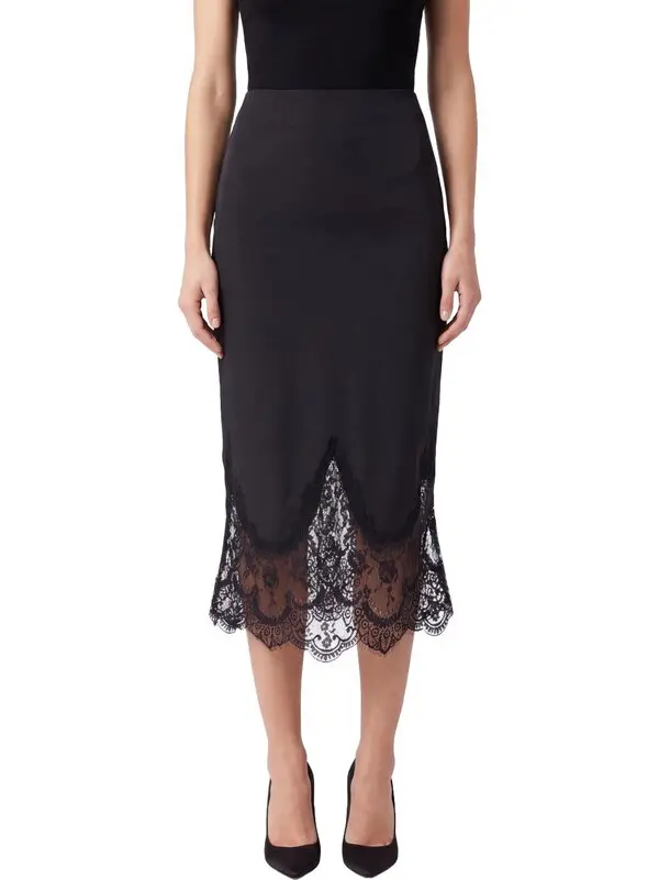 Norma Kamali Sable Satin Midi Pencil Skirt With Lace Inserts - Black